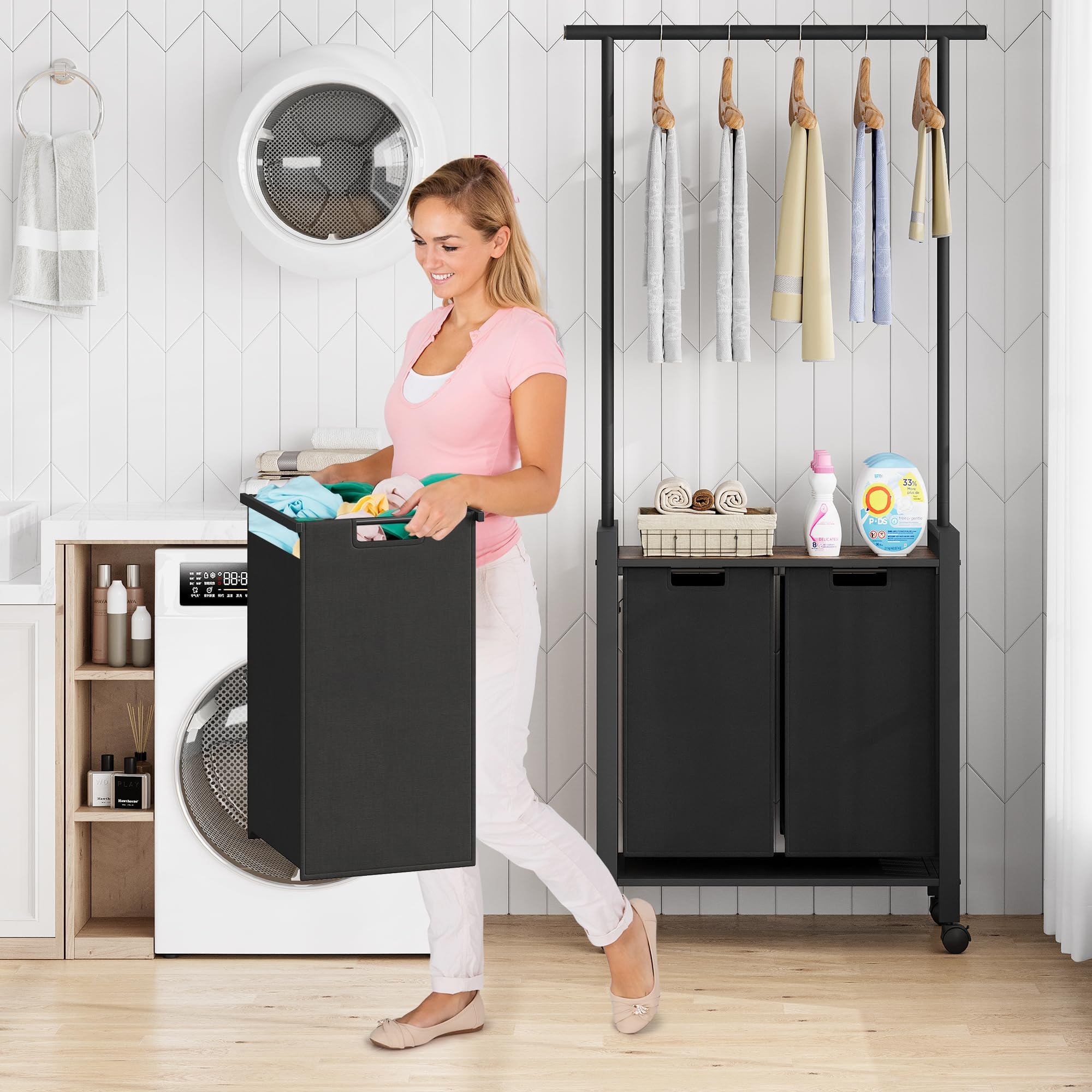 Laundry Hamper Cart with Hanging Bar, 2 x 13 Gal Laundry Sorter, 2 Removable Bags Laundry Baskets with Wood Top Table & Wheels, Laundry Sorter for Laundry Room Organization