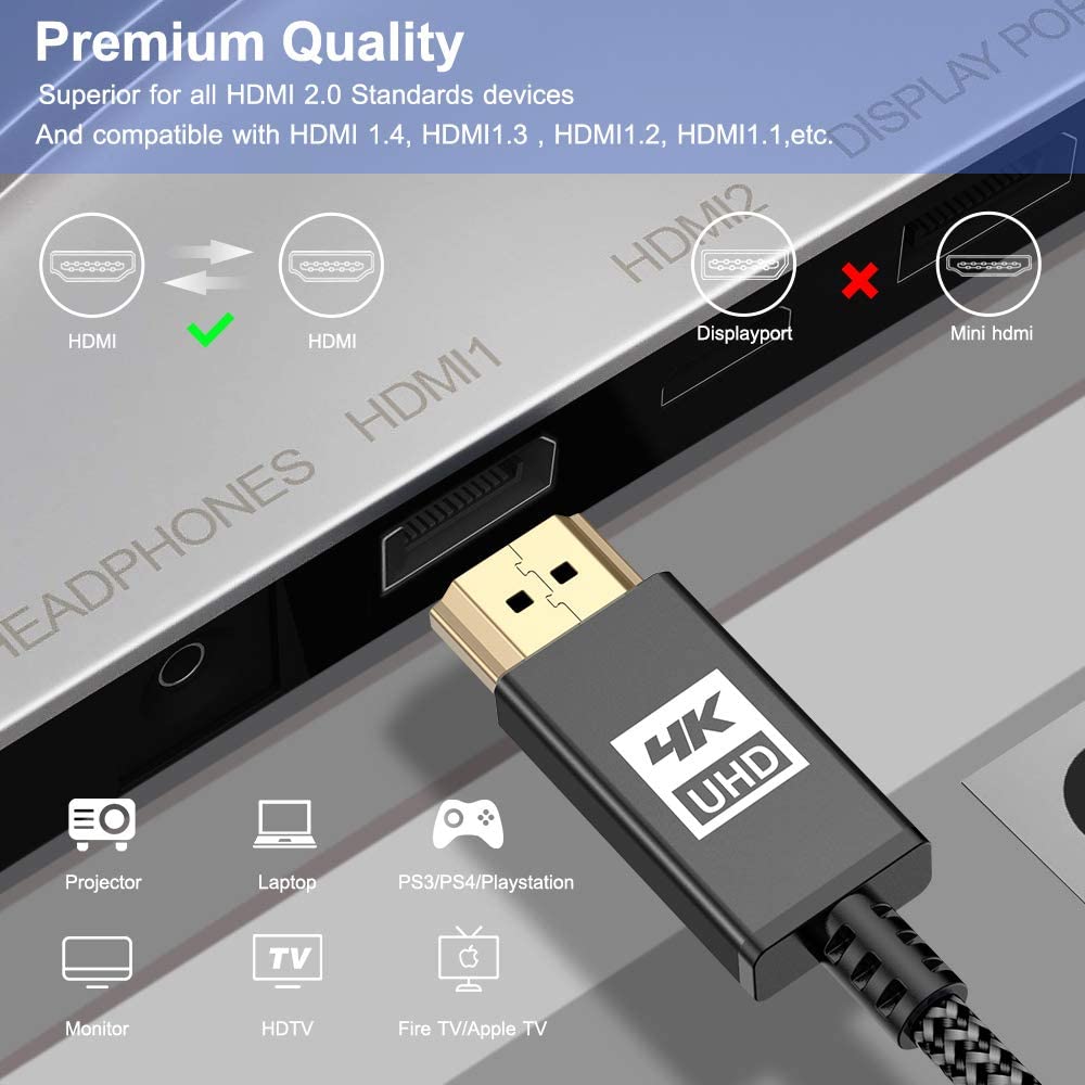 sweguard HDMI Cable 10ft [4K@60Hz, 1080P@144Hz], 4K HDMI 2.0 Cable High Speed 18Gbps Gold Plated Nylon Braided Supports HDR,HDCP 2.2, 2160P,3D,ARC for Roku TV PS5 PS4 Xbox HDTV Blu-ray&Monitor-Black