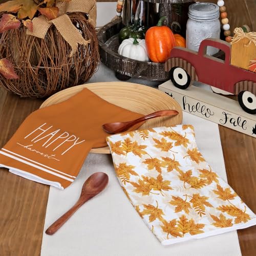 GEEORY Fall Kitchen Dish Towels Set of 2 for Fall Decor,Happy Harvest Printed Maple Leaves 18x26 Inch Drying Dishcloth,Farmhouse Home Decoration GD119