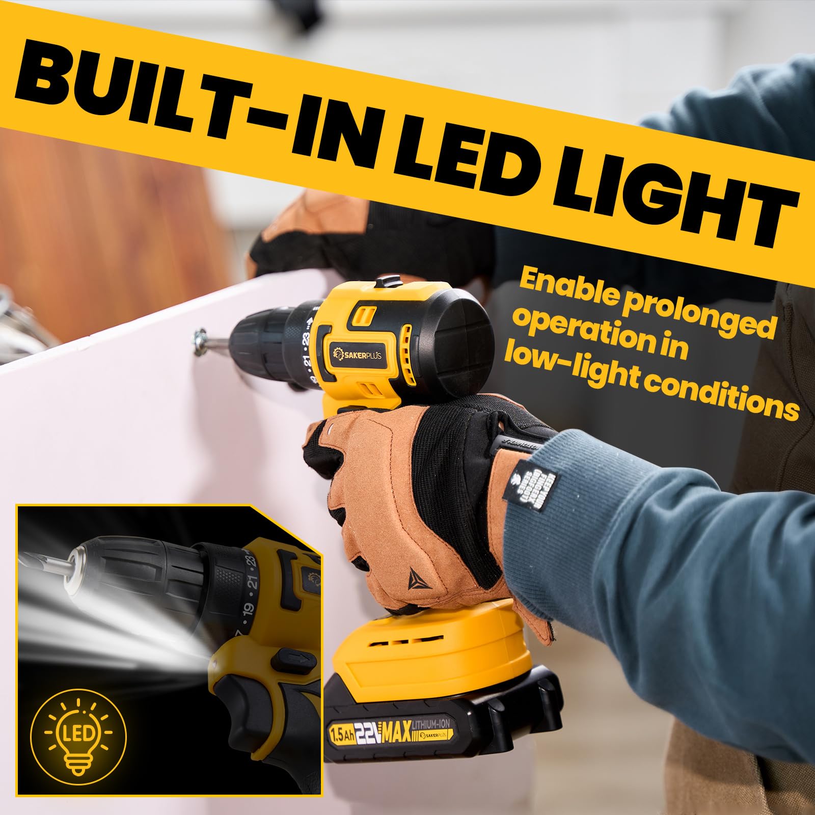 SakerPlus Cordless Drill Set with Drill Bits,22V Brushless Electric Screwdriver Driver Tool Kit,3/8-Inch Keyless Chuck,2 Variable Speeds,430 In-lbs Torque Battery Powered Drills for Home Repair & DIY