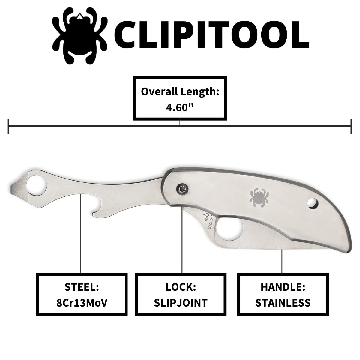Spyderco ClipiTool Multi-Functional Stainless Steel Utility Pocket Knife with 2" Steel Blade and Screwdriver/Bottle Opener - PlainEdge - C175P