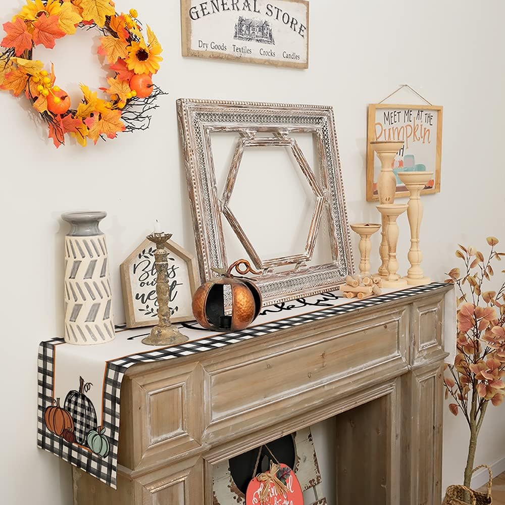GEEORY Fall Table Runner 13x72 Inch, Buffalo Plaid Check Pumpkins Thanksgiving Farmhouse Table Decoration for Kitchen Dinning, Indoor Outdoor Dinner Party (Orange Pumpkins) GT121-72