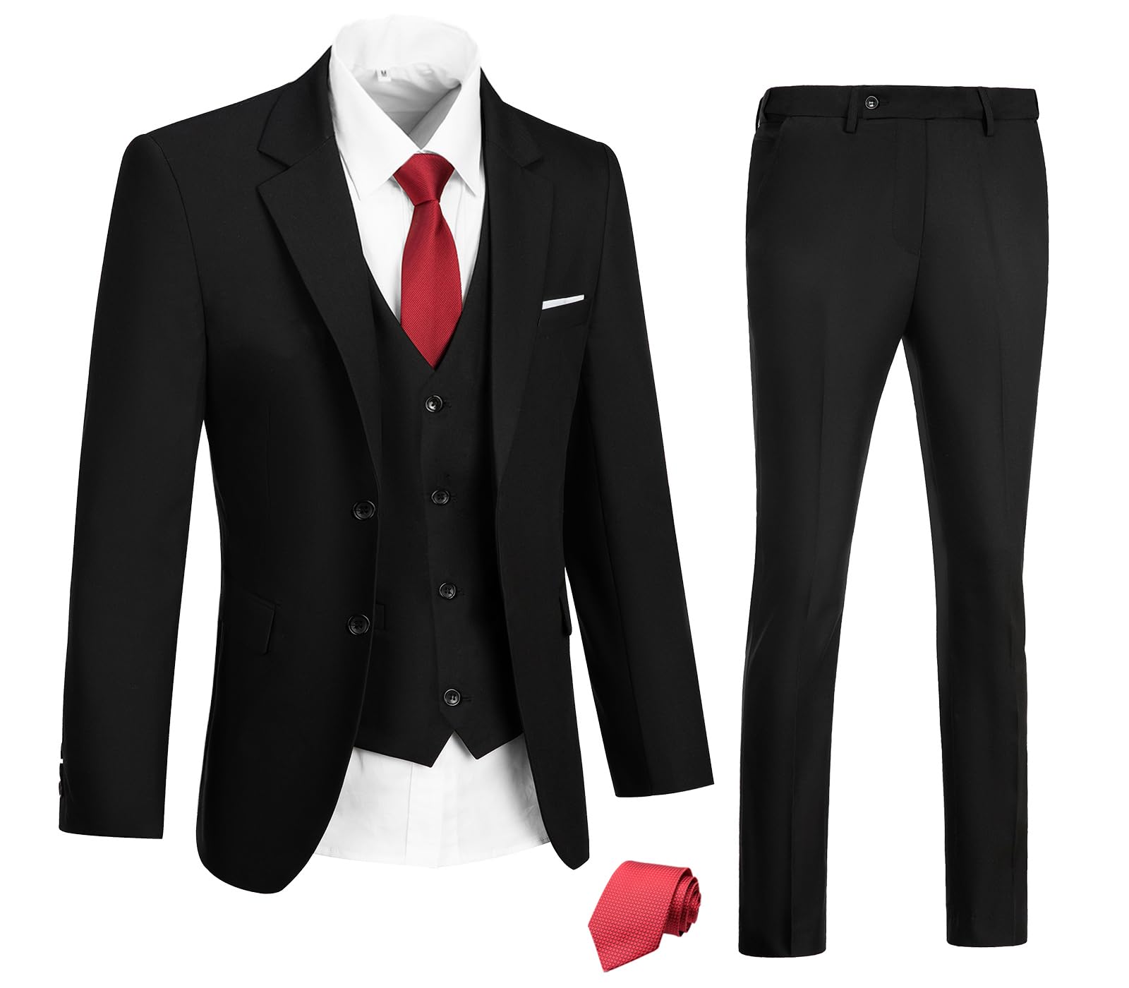 DOISPON Mens Suits 3-Piece Suit Shawl Lapel Two Button Tux Slim Fit Formal Wedding Prom Suits Jacket Vest Pants Black XX-Large
