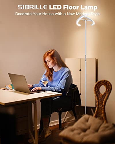 SIBRILLE White Floor Lamp, Modern Stepless Dimmable Standing Lamp 3000-6000K, 20W LED Rotatable Reading Tall Lamp, Touch & Remote Control Uplighter Floor Lamps for Living Room Bedroom Office