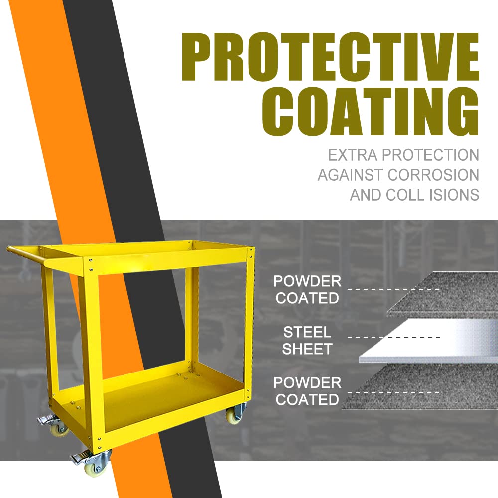 HPDMC 30in Large Steel Service Cart - Utility Carts with Wheels - 2 Shelf - Metal - 300 lbs Capacity - Shop Rolling Tool Carts - Yellow