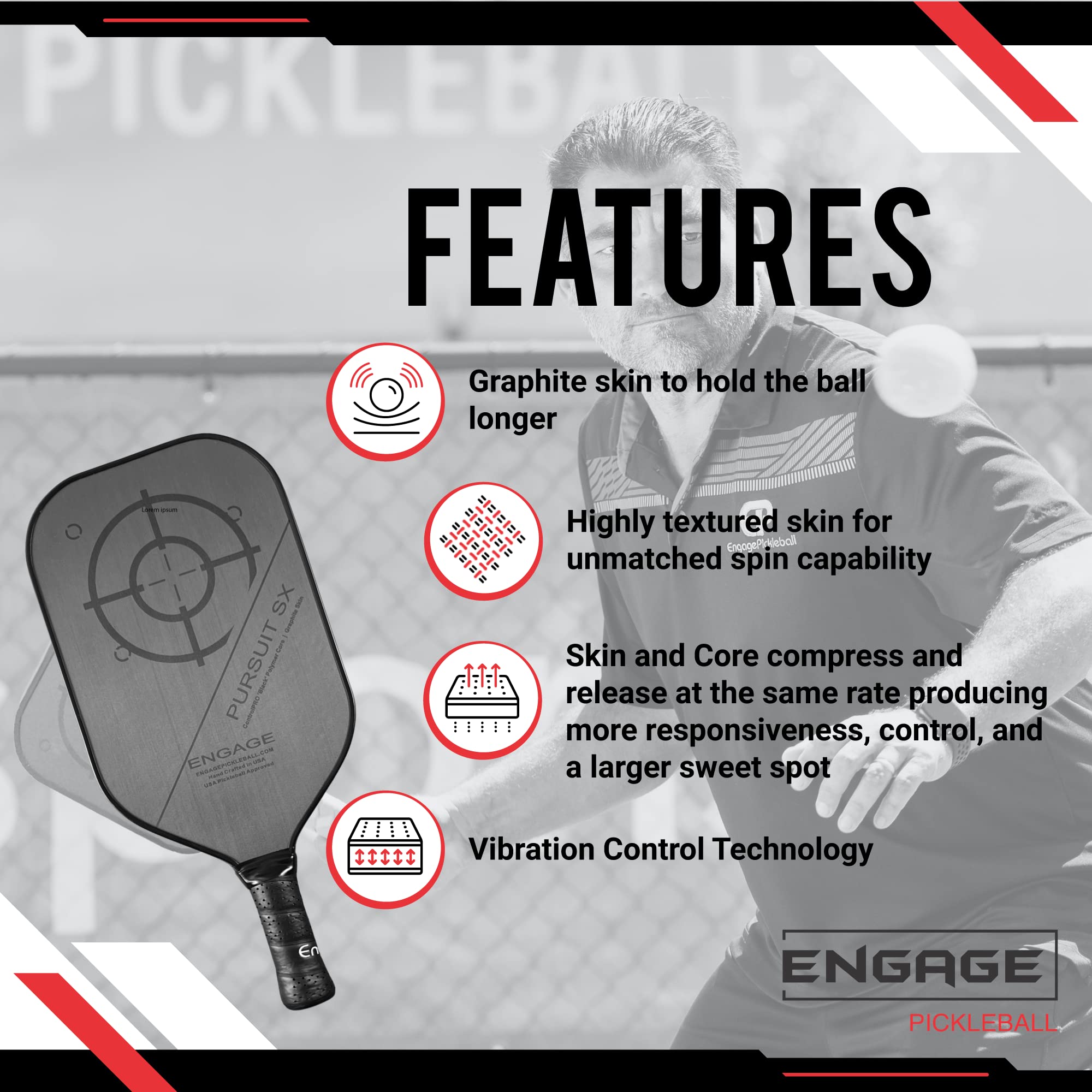 Engage Pickleball Pursuit SX Pickleball Paddle - Graphite Pickleball Paddle with Black Core - USAPA Approved - Made in USA (5/8" for Control (6.0), 6.0 Lite (7.6-7.9oz))