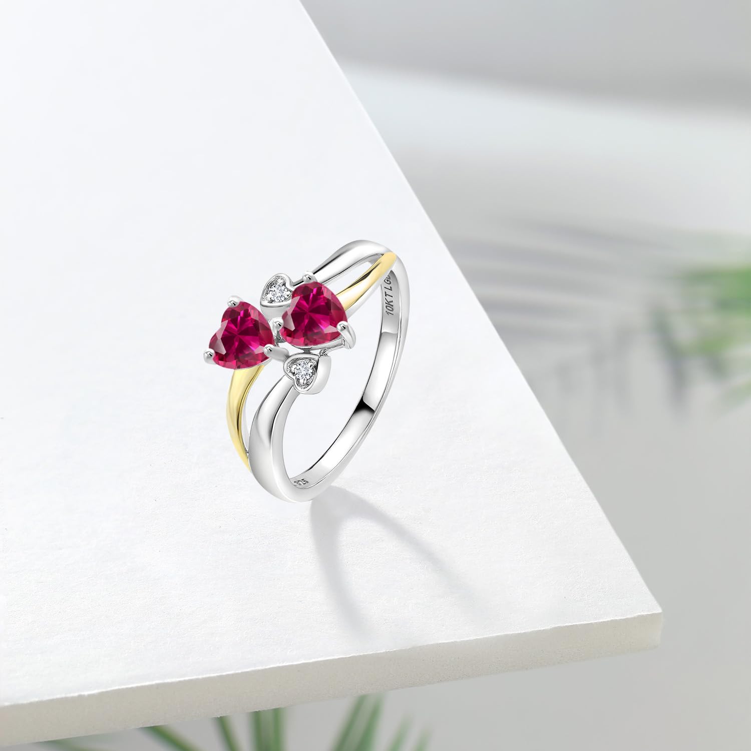 Gem Stone King 925 Silver and 10K Yellow Gold Red Created Ruby and White Lab Grown Diamond Ring For Women (1.22 Cttw, July Birthstone, Heart Shape 5MM, Size 8)