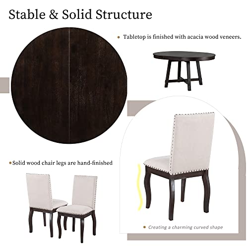 OYN 5-Piece Kitchen Room Furniture, Wooden Farmhouse Round Dining Table Sets with 4 Nailhead Decor Upholstered Chairs and Extendable Tabletop for 4 Persons Family Meal, Espresso
