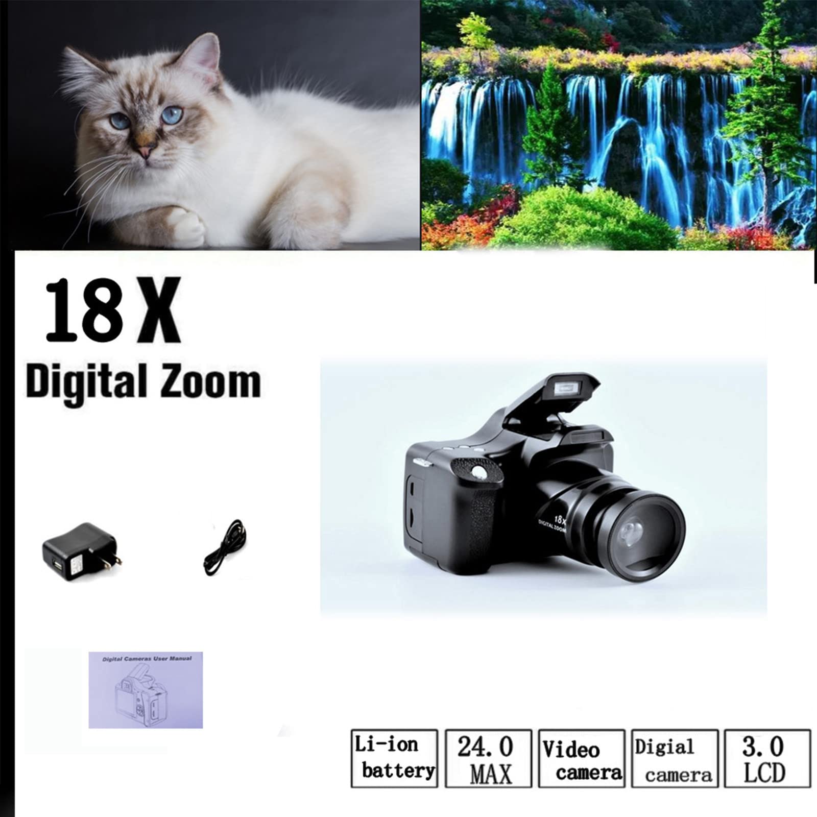 Digital Camera, FHD 1080P Camera for Kids, 1080p HD Long Focus SLR Camera 24 Megapixel Digital Camera, 18X Digital Zoom 3 Inch TFT-LCD Digital Camera Electronic Anti-Shake