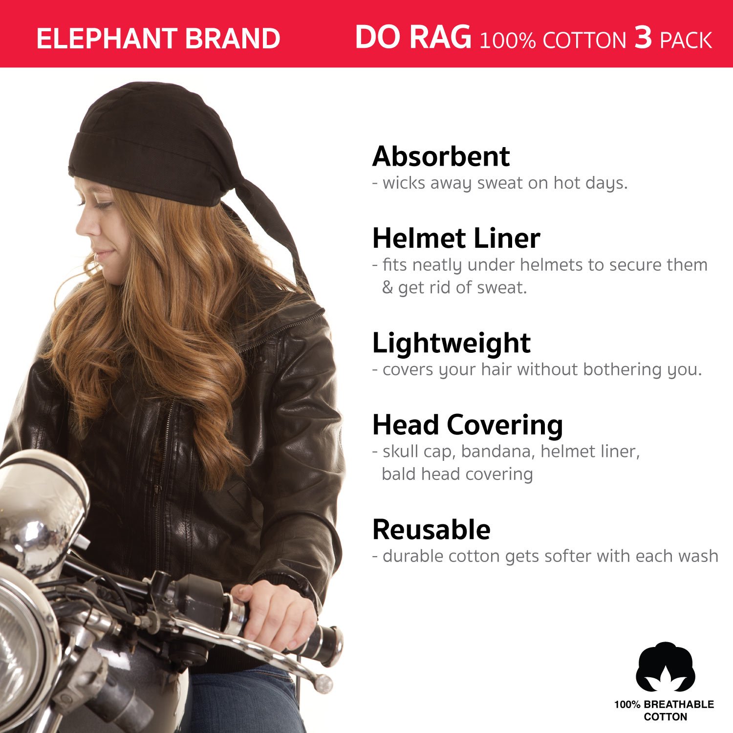 Elephant Brand Doo Rag 100% Cotton - Skull Cap Beanie for Cycling - Head Wrap Pack of 3 (Paisley)