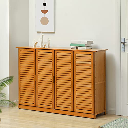 MoNiBloom Shoe Storage Cabinet with 2 Double Shutter Doors, Bamboo Floor Organizer Shelf Stand for 31-35 Pairs Entryway Hallway Bedroom, Brown