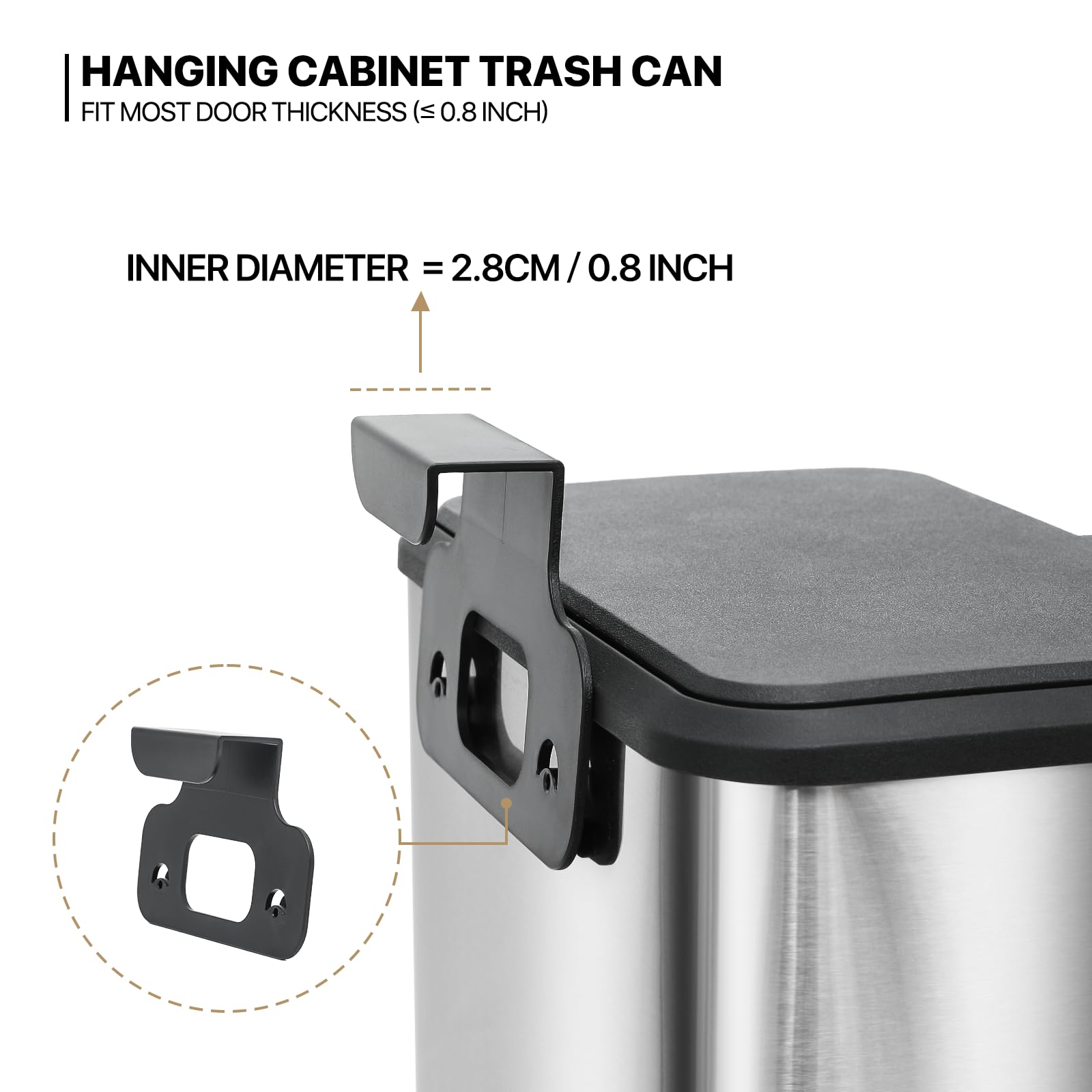 MoNiBloom 1.3-Gallon Small Hanging Trash Can for Kitchen Bathroom Bedroom Living Room Home Office Dorm Fingerprint-Proof Garbage Bin Removable Bucket Brushed Stainless Steel 5-Liter (Silver)