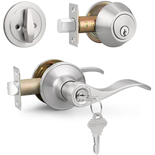 Keyed Alike Lever Set with Single Cylinder Deadbolt, Reversible Wave Style Satin Nickel Lockset, Lever Door Handle with Key and Lock for Bedroom, Front Door 4 Pack