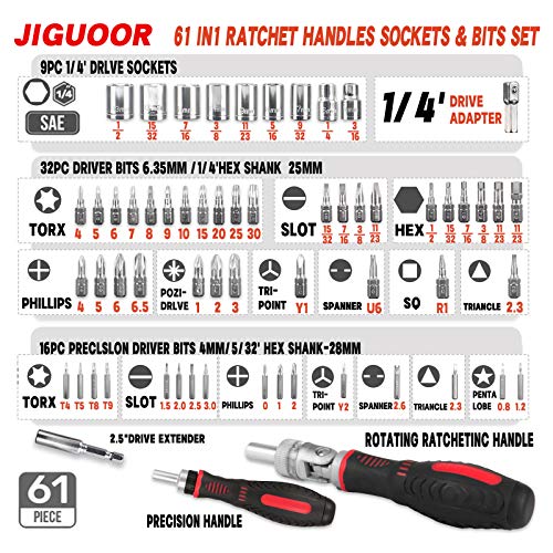 JENABOM 61 in 1 Ratcheting Screwdriver Set, Magnetic Screwdriver Bit Set with Rotatable Ratchet Handles, Sockets & Bits, Household Repair Tool Kits for Computers, Electronic Devices, Furniture