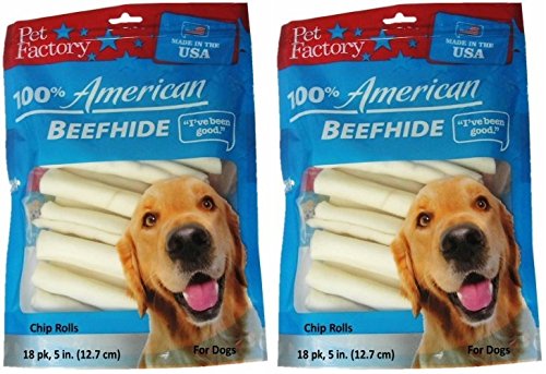 Pet Factory (2 Pack) U.S.A. Beef Hide Chip Rolls Chews for Dogs, Small / 5" (18 Rolls Per Pack / 36 Rolls Total)