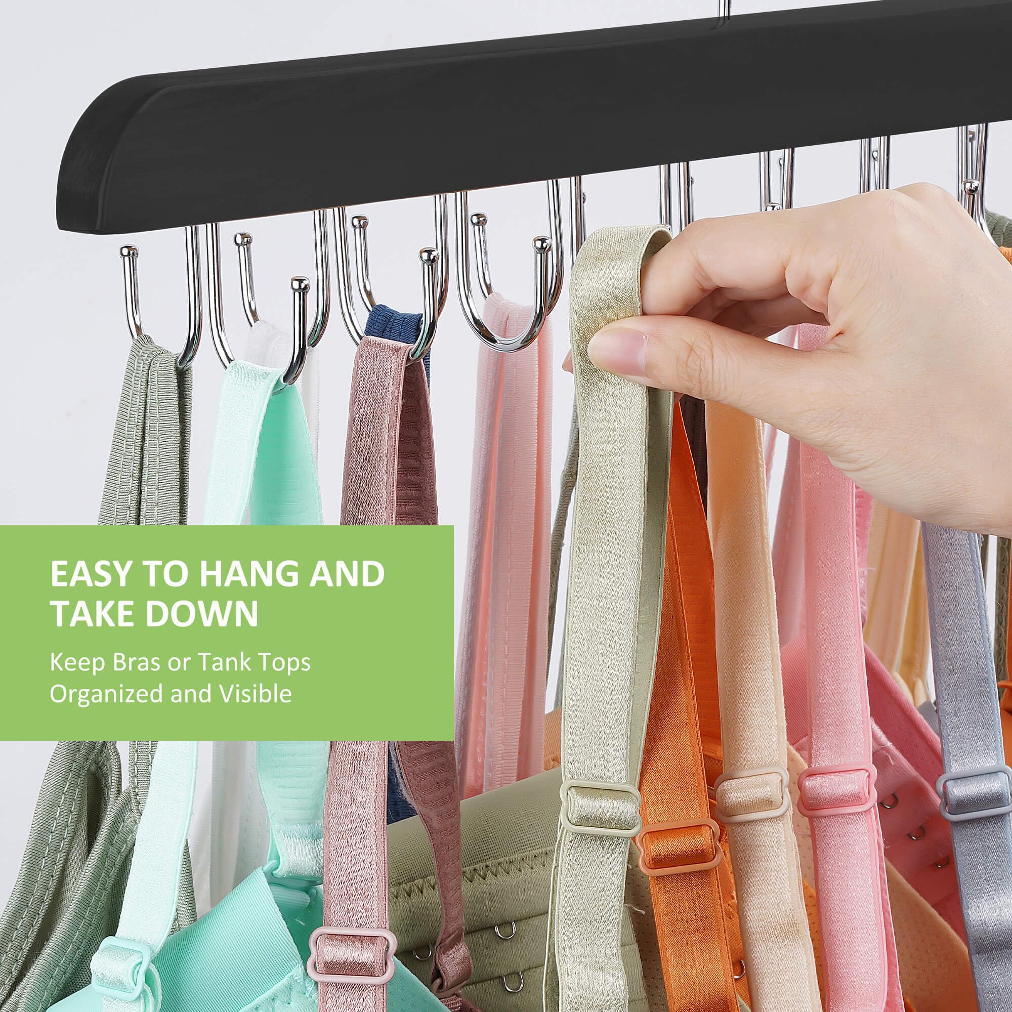OMHOMETY Bra Hanger for Closet, Tank Top Hanger 20 Hooks Capacity Sturdy Wood Space Saving Hanger Sport Bras Holder, Closet Organizers and Storage, Black 1 Pack