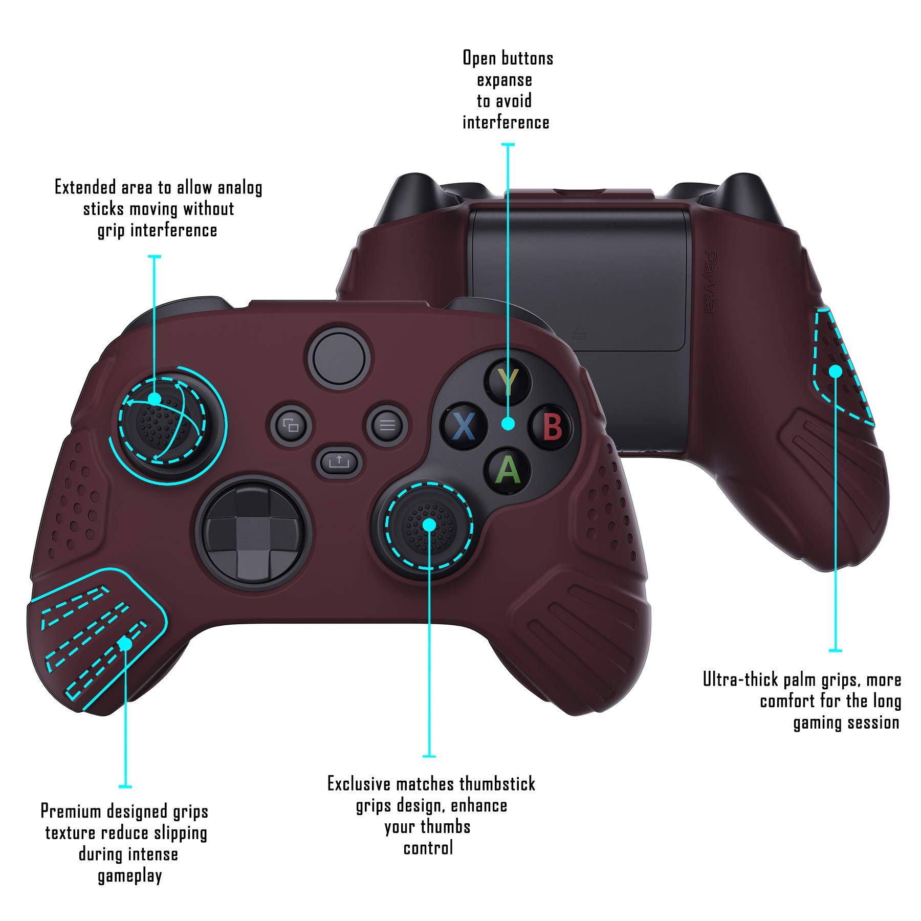 eXtremeRate PlayVital Guardian Edition Wine Red Ergonomic Soft Anti-Slip Controller Silicone Case Cover for Xbox Series X/S, Rubber Protector Skins with Joystick Cap for Xbox Core Wireless Controller