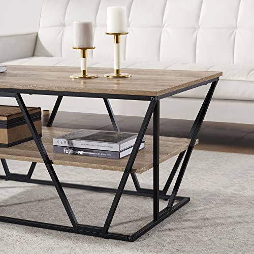 TTHAETUR Industrial Coffee Table for Living Room, 47inch Wooden Center Table with Large Storage Shelf, 2-Tier Mid Century Modern Coffee Table, Rustic Oak