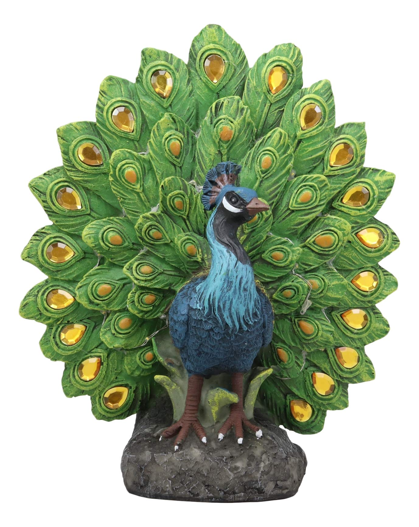 Ebros Decorative Iridescent Peacock With Beautiful Gold Gemstone Open Train Feathers Solar LED Night Light Statue 11.25" High Path Lighter Indoor Outdoor Shelf Tabletop Home Decor Wild Birds of Flight
