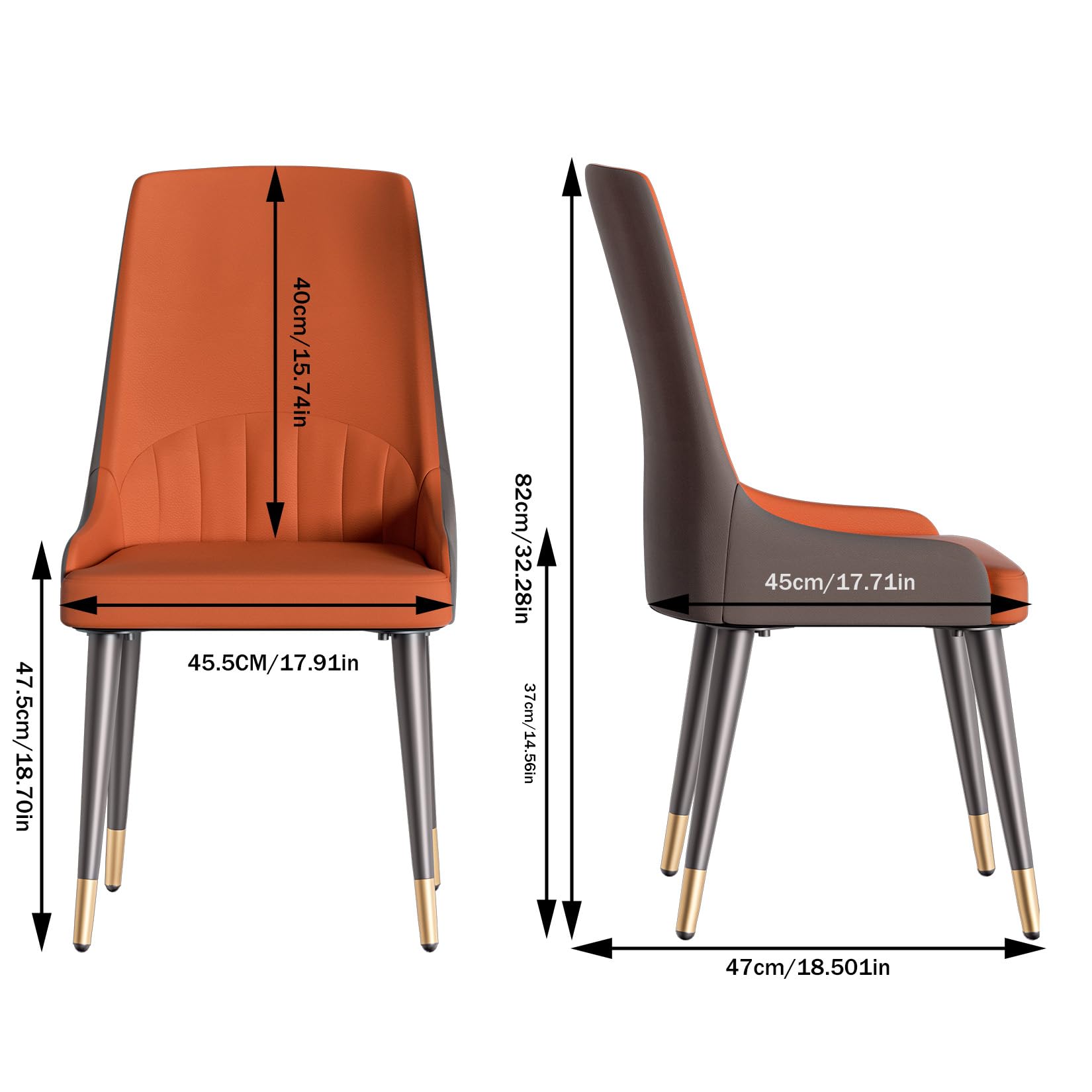 Dining Chairs Set of 2: Faux Leather Upholstered Modern Chair with Backrest - Armless Accent Chairs with Metal Legs for Kitchen Living Room Bedroom (Orange+Grey)