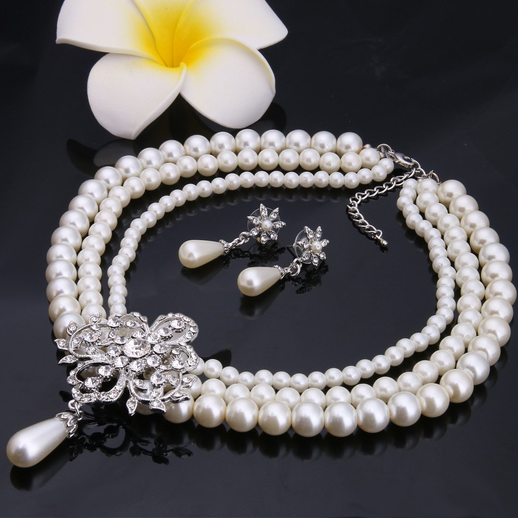EleQueen Women's Silver-Tone Ivory Simulated Pearl Crystal Victorian Style Statement Necklace Earrings Bridal Wedding Sets