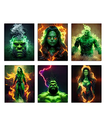 OzWood Crafts- She Hulk and Hulk Wall Decor Poster Prints, Set of 6 FRAMELESS (8''x10''), She Hulk and Hulk room decor for boy,She Hulk and Hulk Posters for Boys Room, She Hulk and Hulk Wall Art,