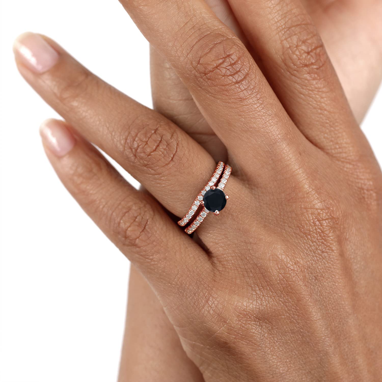 Gem Stone King 18K Rose Gold Plated Silver Black Onyx and White Moissanite Wedding Engagement Band Bridal Set Ring For Women (1.29 Cttw, Gemstone December Birthstone, Available In Size 5, 6, 7, 8, 9)