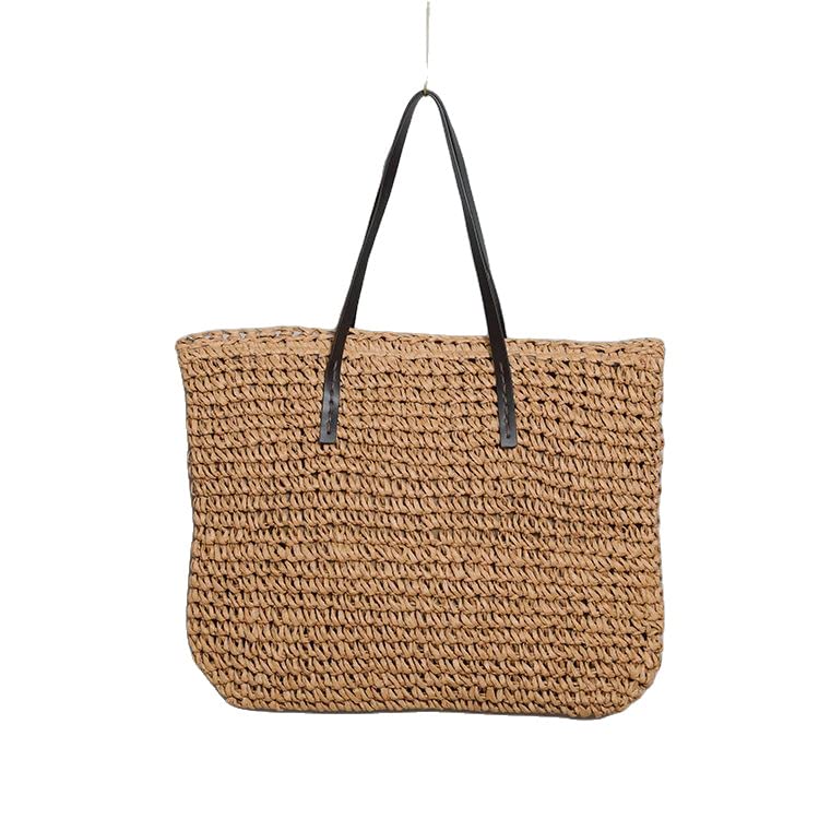 Hand-woven Soft Large Straw Shoulder Bag Boho Straw Handle Tote Retro Summer Beach Bag Rattan Handbag (Khaki