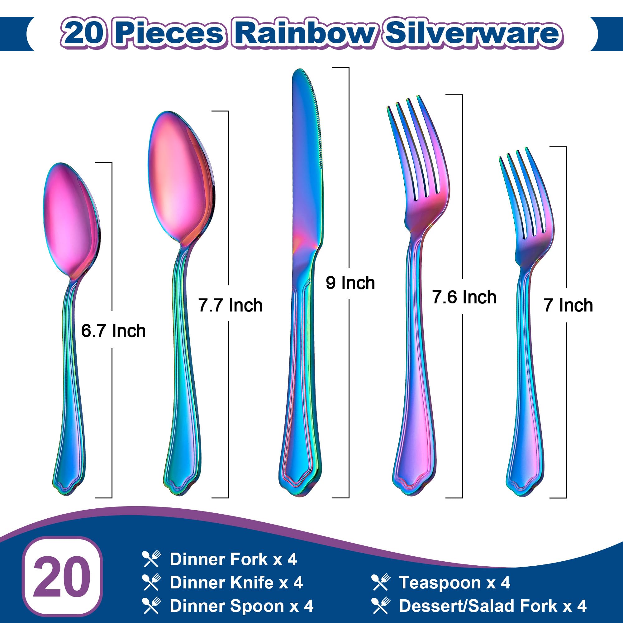 E-far Rainbow Silverware Set, 20 Piece Stainless Steel Flatware Set Service for 4, Colorful Knives Forks Spoons Utensils Set with Square Edge, Mirror Polished