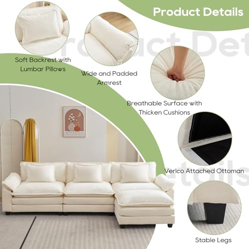 Oprisen Modular Sectional Sofa, Comfy Cloud Couch Sectional Sofa with Ottoman, Chenille Sofa Sleeper Deep Seat Sofa with Throw Pillows for Living Room (Beige, 120"- L Shape)