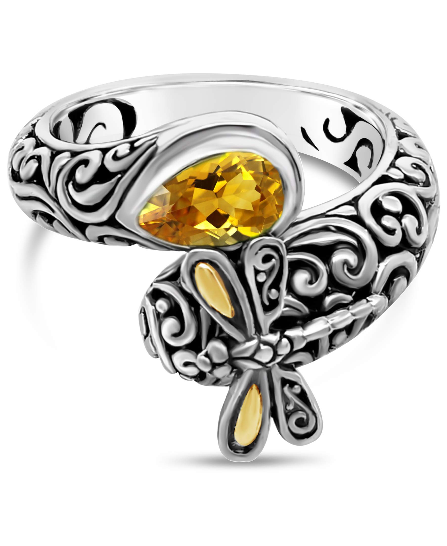 DEVATA Sterling Silver 925 and 18K Gold with Blue Topaz Sweet Dragonfly Bali Filigree Bypass Ring SFM8537ABT (Size 07)