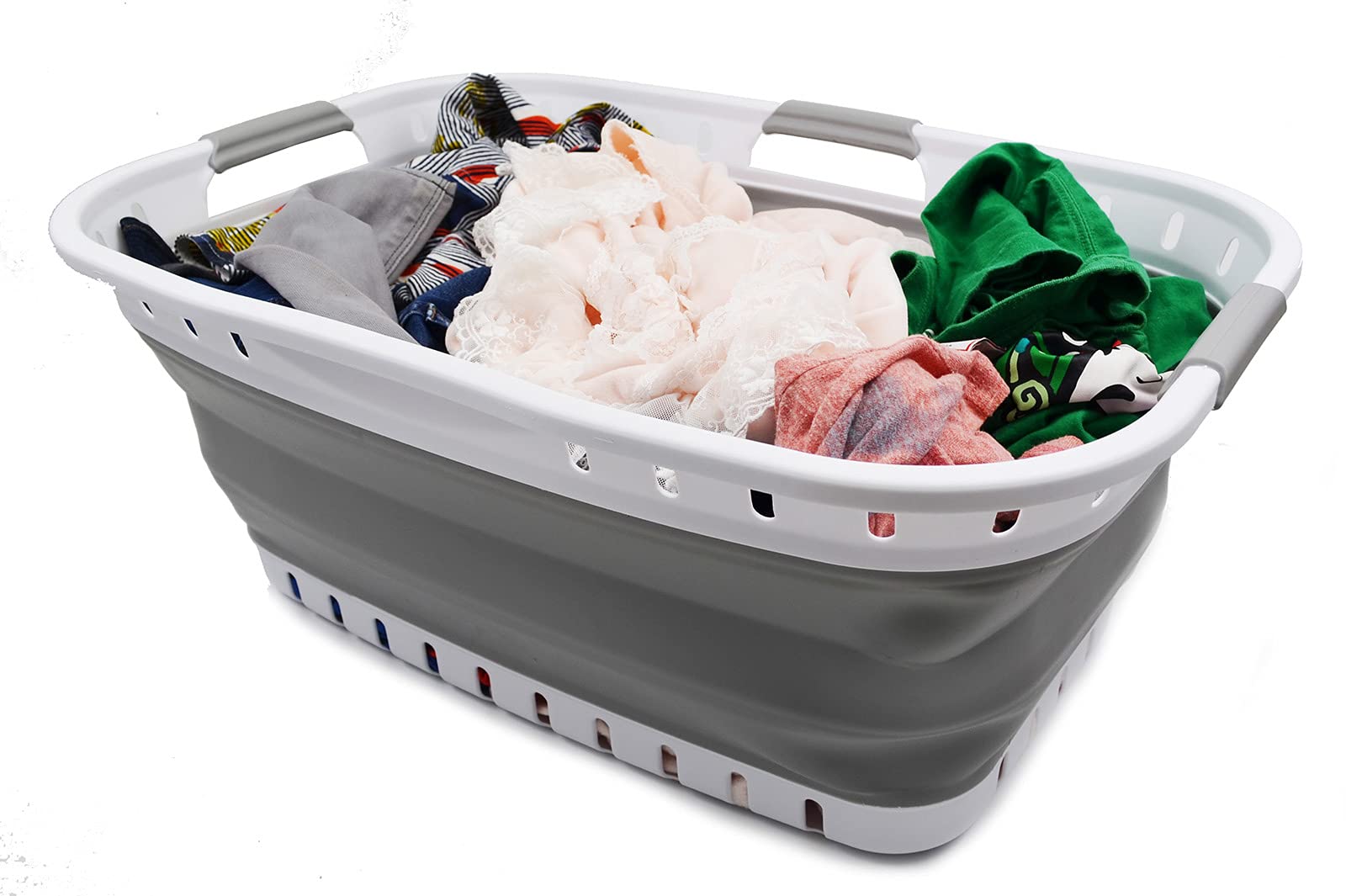 SAMMART 44L Collapsible Plastic Laundry Basket - Foldable Pop Up Storage Container/Organizer - Portable Washing Tub - Space Saving Hamper/Basket (1, White/Grey), Size: 25.4 x 17.3 x 10.2 inches