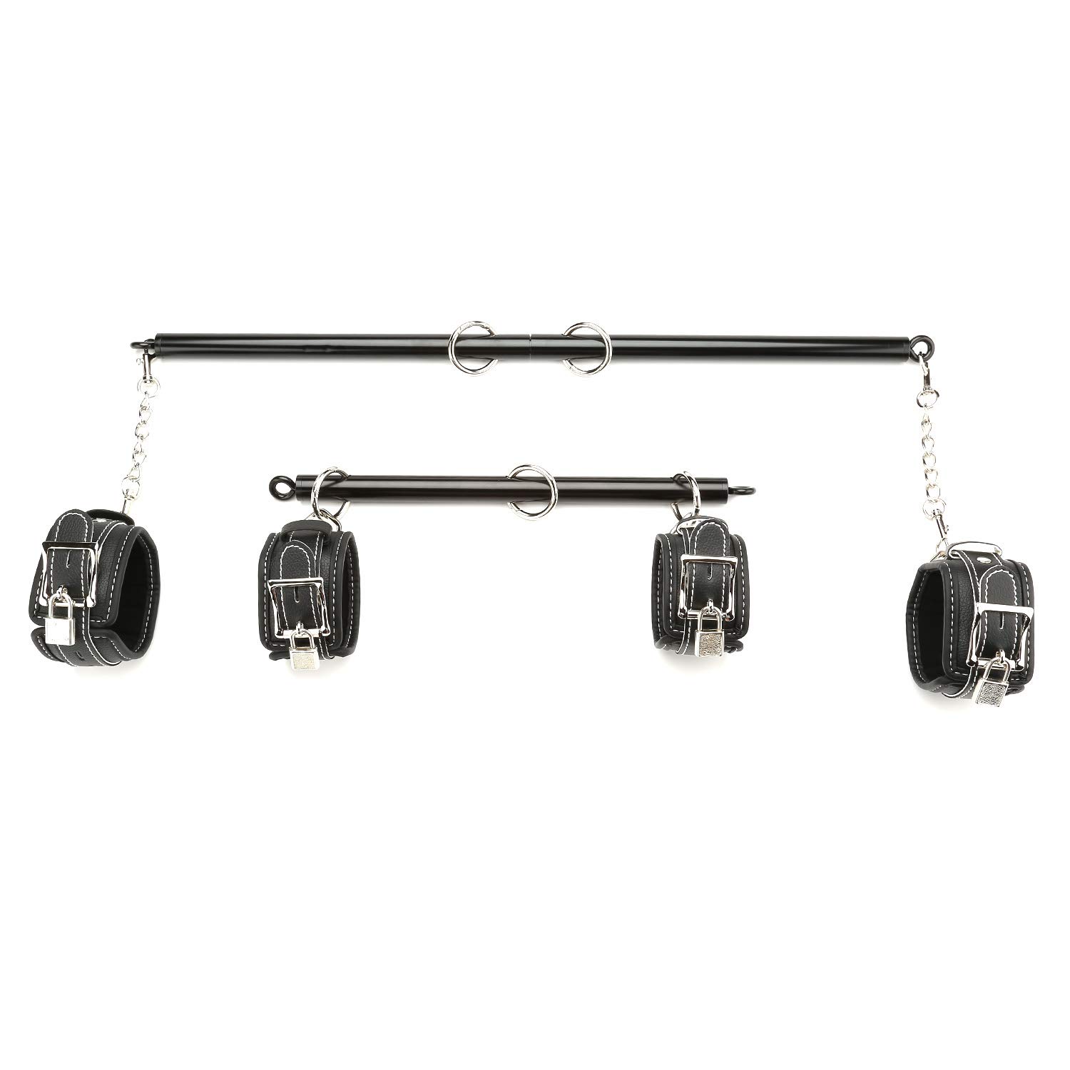 EXREIZST 2 Black Spreader Bar with 4 Black Leather Straps Adjustable Expandable Sports Exercise Training Kit (Black)