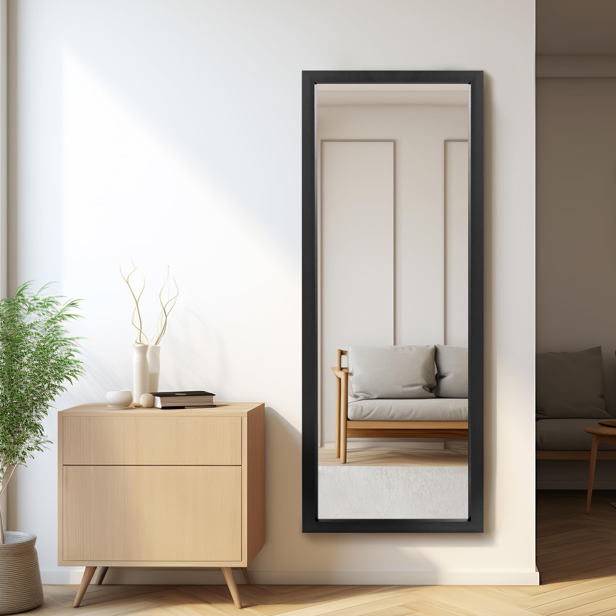 Elevens Full Length Door Mirror 43"x16" Large Rectangle Wall Mirror Hanging or Leaning Against Wall for Bedroom, Dressing and Wall-Mounted Polystyrene Frame Mirror-Black(No Stand), JJ01002AAF-USAM004