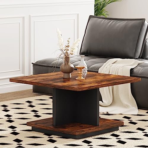 Tribesigns Wood Square Coffee Table: 31.5 Inches 2 Tiers Farmhouse Coffee Table, Wooden Rustic Coffee Table with Storage, Mid Centry Modern Home Furniture for Living Room, Brown