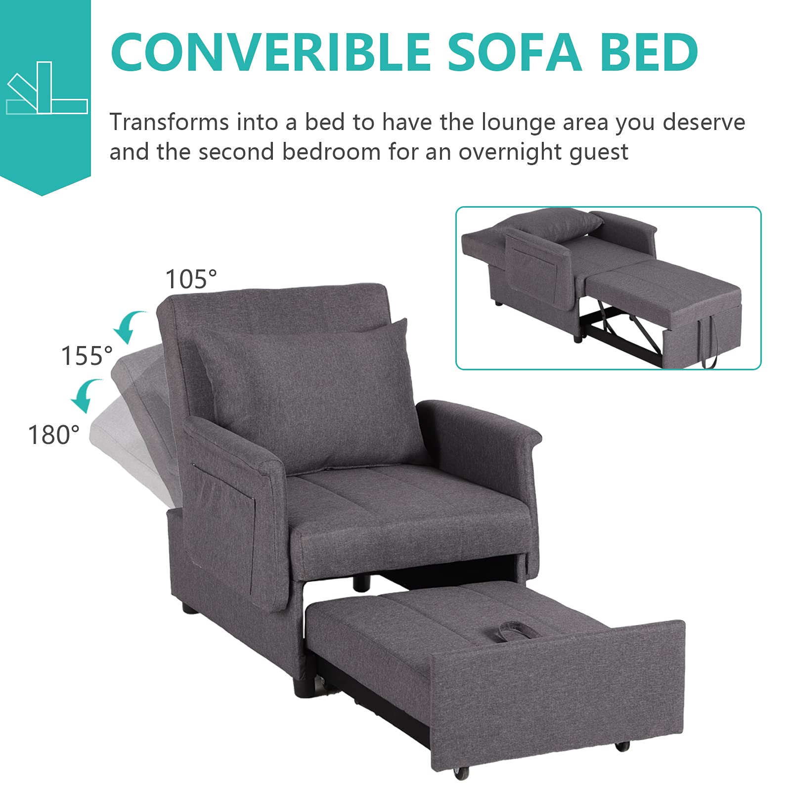 OQQOEE Sleeper Chair, 3 in 1 Chair Bed Sleeper for Adults, Pull Out Sleeper Sofa Convertible Single Lounge Chair with Pillow, Side Pockets for Living Room Small Space (Dark Grey)…