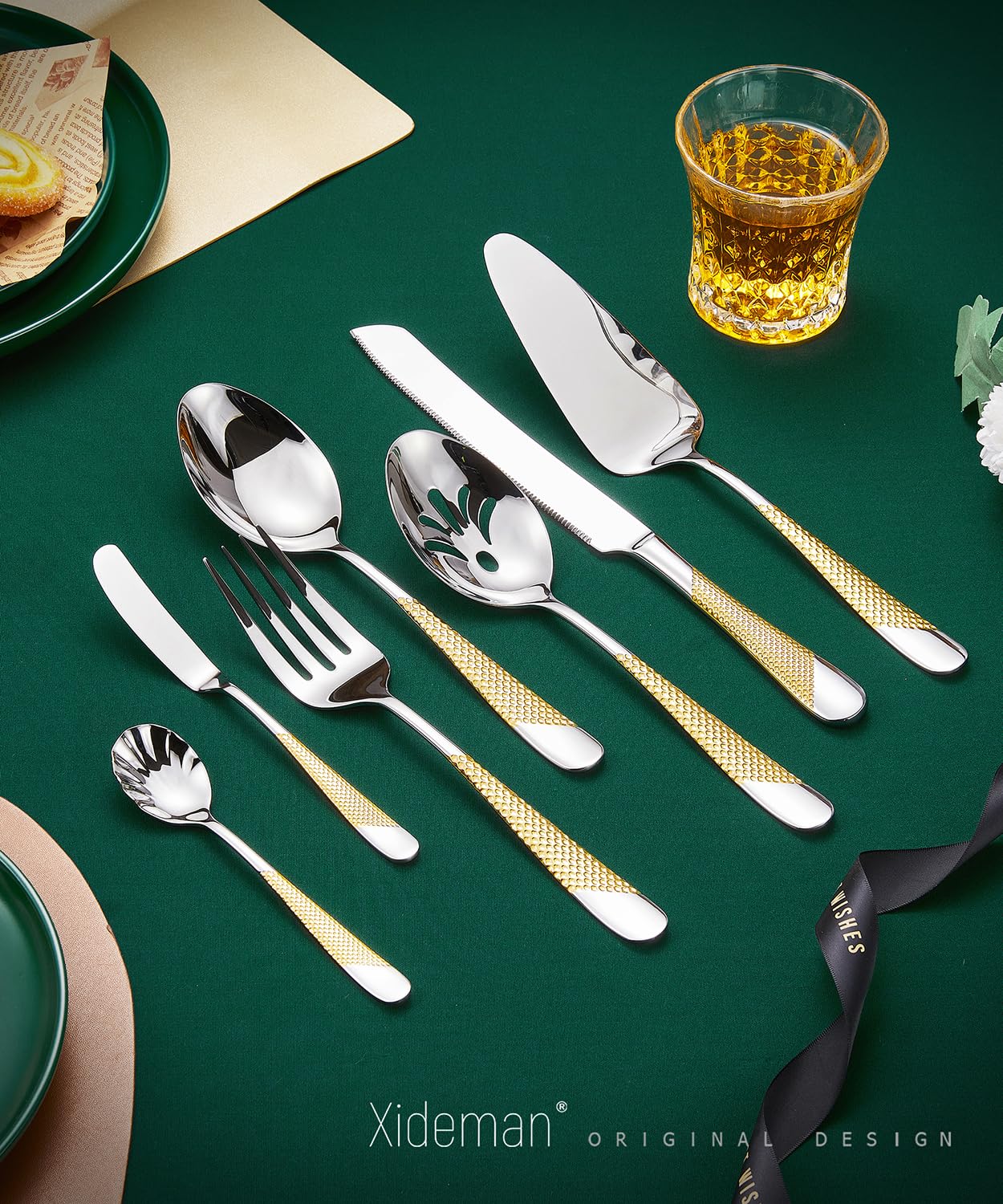 Xideman® 7-Piece Hammered 18/10 Stainless Steel Silverware Serving Utensil Set - Hostess Flatware with Cake Knife & Cake Server (Silver Gold)