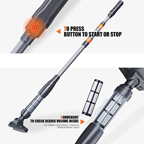 Handheld Pool Vacuum, 2200 mAh, 75+ mins Run time, 92'' Total Reach, Extendable Pool Cleaner, Twist Lock and Lightweight Design. Ideal for Spa, Small Swimming Pool Clean up, Gray