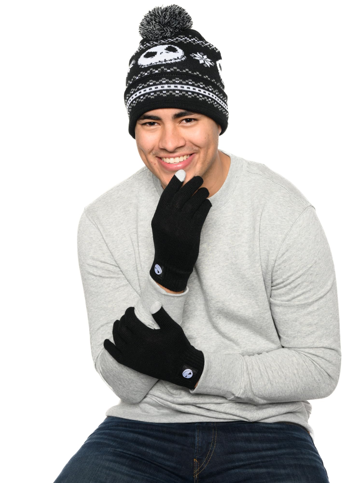 Disney Jack Skellington Womens Knit Beanie Hat and Texting Glove Set (Black)