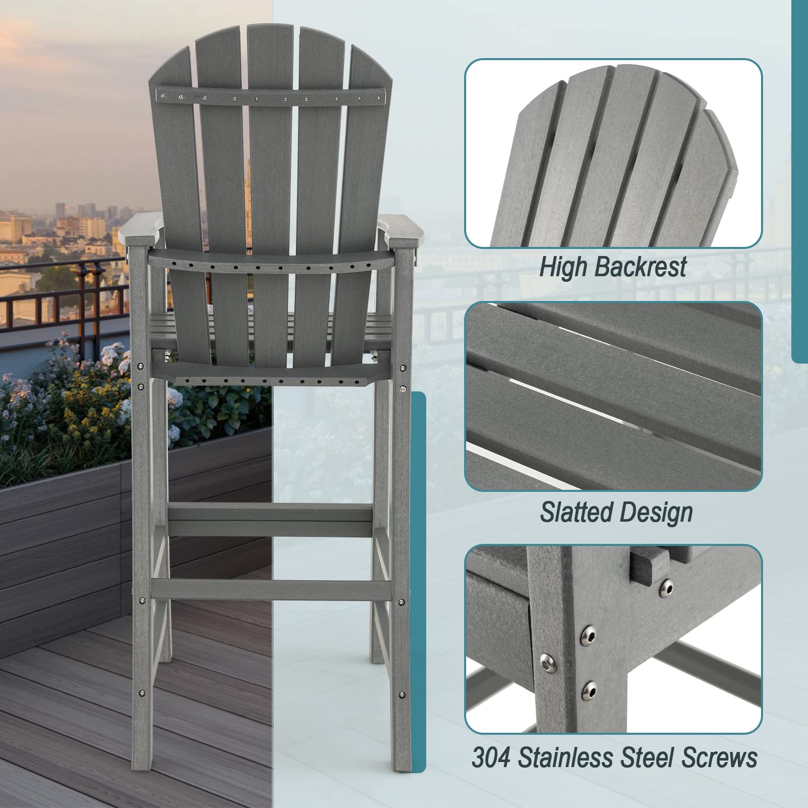 ORALNER Tall Adirondack Chairs, Outdoor High Back Balcony Chair, Weather Resistant HDPE Resin Plastic Bar Height Stools, 360 LBS Lifeguard Chair for Pool Patio Deck Backyard (1, Grey)