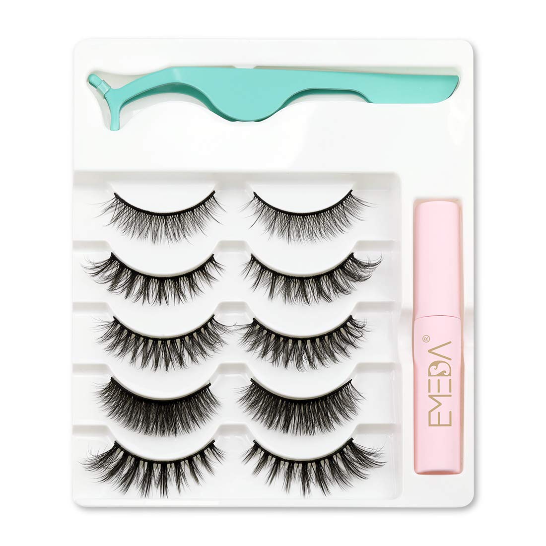 EMEDA 3D Natural False Lashes with Glue 5 Pairs Fluffy False Cat Eye Lashes Multipack Thick and Long False Eyelashes With Glue Strip Fake Lashes With Applicator False Lashes Kit
