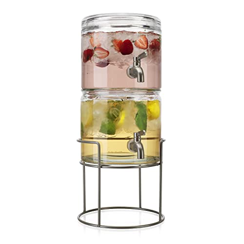 Set Of Two (2) 1 Gallon Each Stacked Quality Ice Cold Clear Glass Jug Beverage Dispensers With Metal Caddy Display With Easy Fill Spigot- Great For Outdoors, Parties, Bars & Daily Use