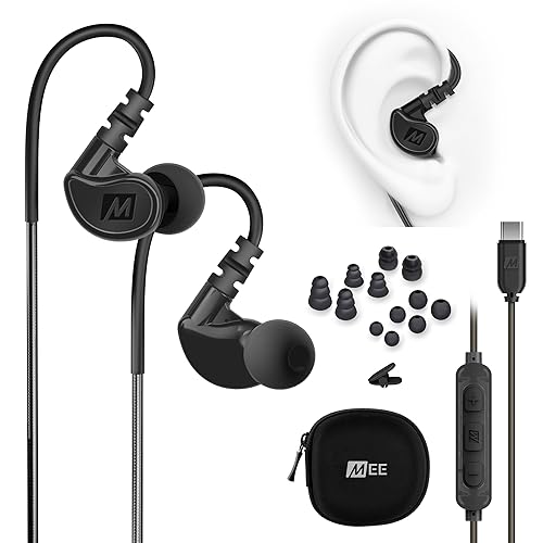 MEE audio M6 Sport USB-C Wired Earbuds with Memory Wire Earhooks, Headset with Mic & 3-Button Remote for iPhone 15, iPad, Other USB Type C Devices; in Ear Headphones for Running/Gym/Workouts, Black