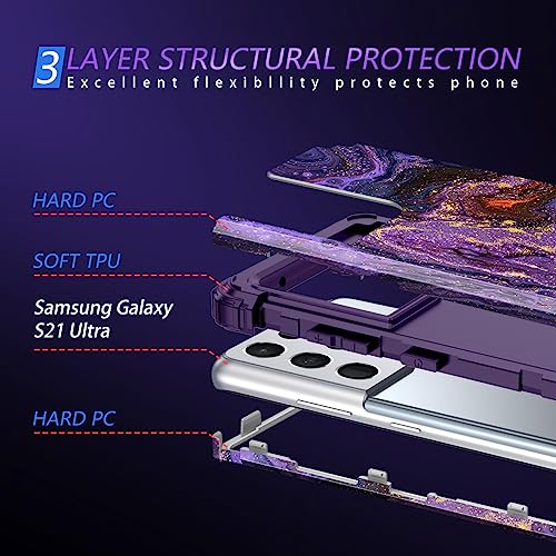 Miqala for Galaxy S21 Ultra 5G Case,Shiny in The Dark Three Layer Heavy Duty Shockproof Protection Hard Plastic Bumper +Soft Silicone Rubber Protective Case for Galaxy S21 Ultra,Deep Purple