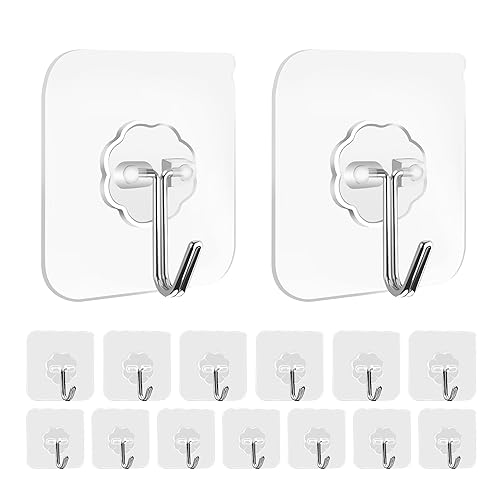 Lcsmaokin Wall Hooks 33lb(Max) Adhesive Wall Heavy Duty Hooks,Transparent Reusable Waterproof Sticky Seamless Hooks for Hanging Keys, Coats, Hats, Bags(15 Pack)