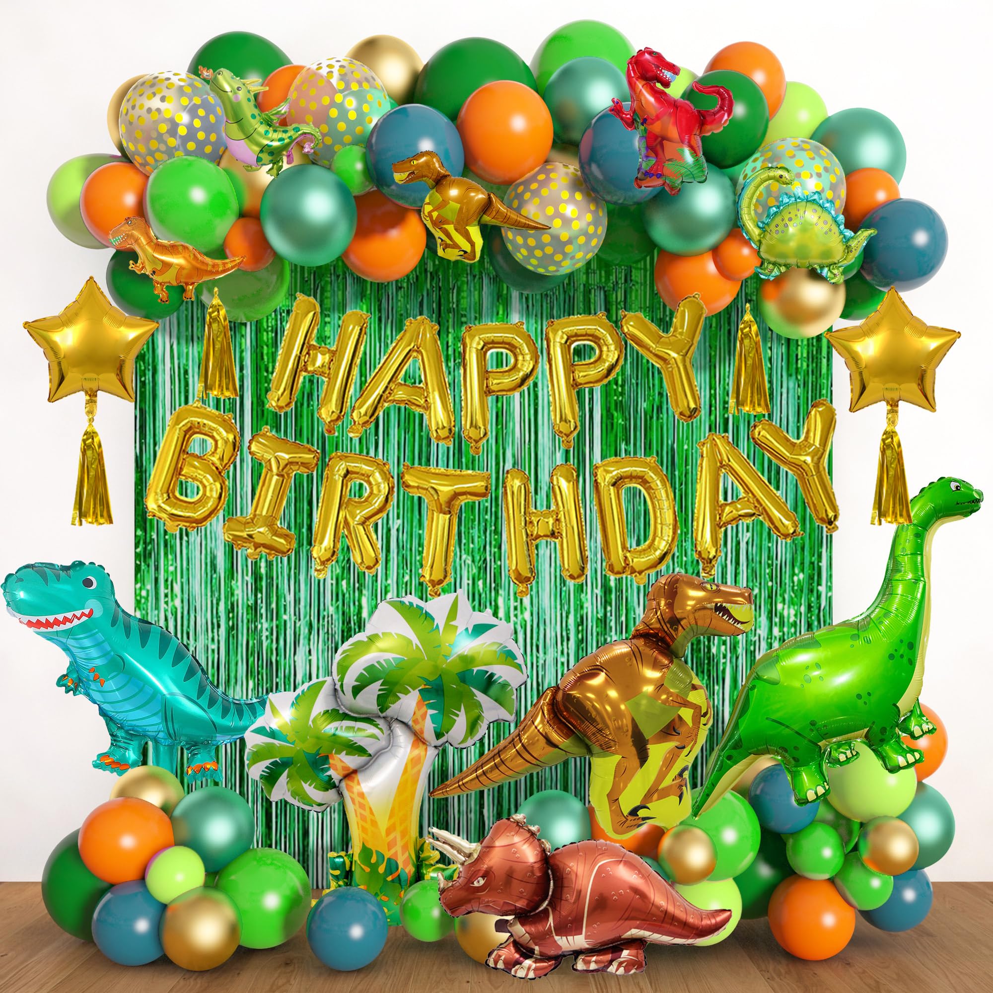 Dinosaur Birthday Party Decorations Supplies, 125Pcs Dinosaur Green Orange Blue Balloons Garland Arch Kit Happy Birthday Dino Foil Balloon Curtain for Kids Boys Dino Jungle Safari Baby Shower Party