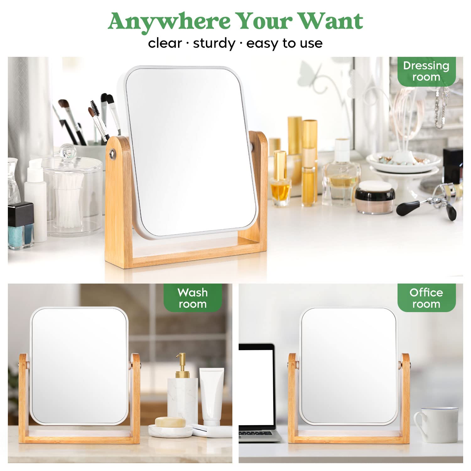 Magnifying Makeup Mirror Bamboo, 1X 5X Double Sided Mirror with Magnification, 360 Degree Rotation Table Mirror