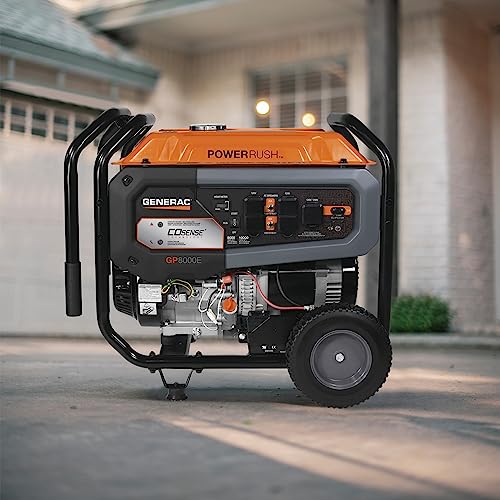 Generac 7715 GP8000E 8,000-Watt Gas-Powered Portable Generator - Electric Start with COsense - Powerrush Advanced Technology - Reliable Power for Emergencies and Recreation - 49 State Compliant