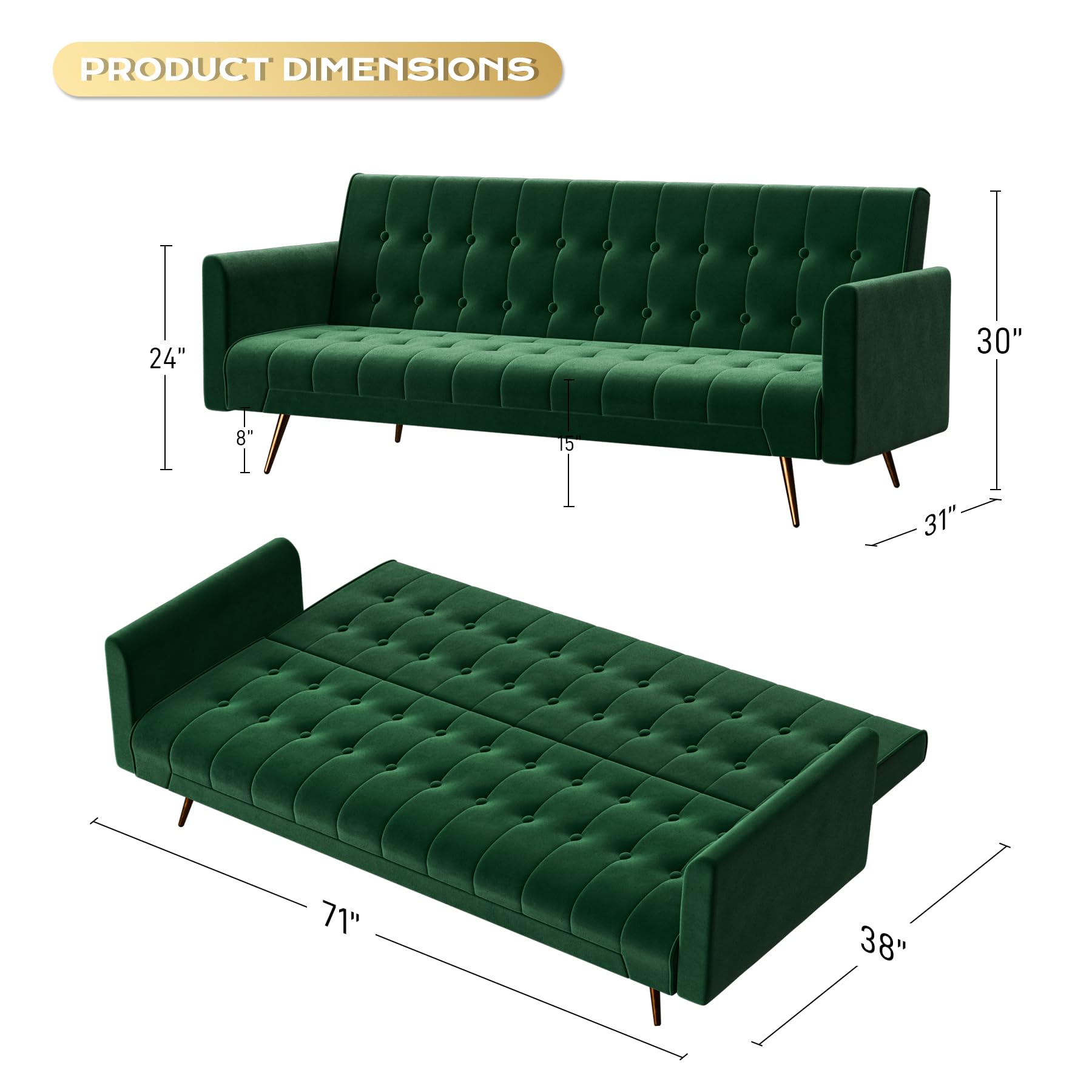 OUYESSIR Velvet Futon Sofa Bed, Convertible Futon Couch, Sturdy Sleeper Sofa in 71 inch, Small Futon Sofas (Green)