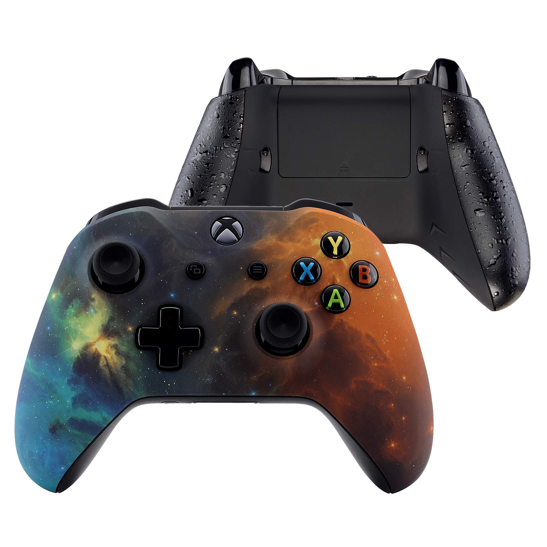 eXtremeRate FlashShot Trigger Stop Bottom Shell Kit & Orange Star Universe Patterned Faceplate Shell for Xbox One S & Xbox One X Controller Model 1708 - Controller NOT Included